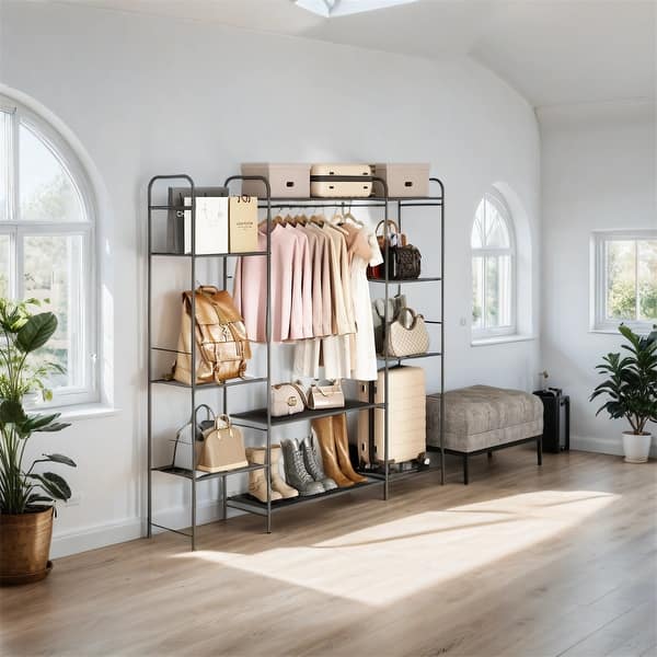 Free-Standing Garment Rack with Double Shelves for Hanging Clothes ...