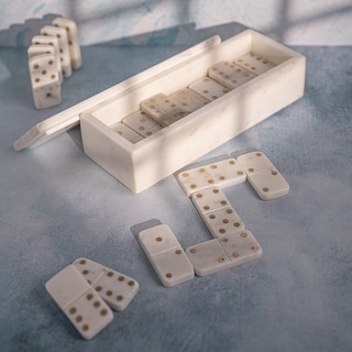 White Marble Dominoes Set W/Brass Dots Inlay - White / Gold - Bed Bath ...