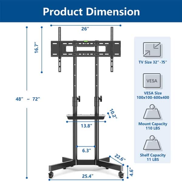 Tall Rolling TV Stand Wheels for 32 to 75 inch Flat Panel TVs, Modern ...