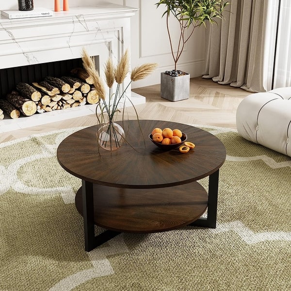 Round Coffee Table with Solid Wood Storage Circle Center Table - On ...