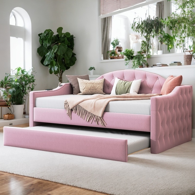 Pink Upholstered Daybed with Pop Up Trundle Convertible Sleeper Sofa ...