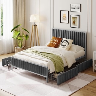 Full Size Upholstered Bed Platform Bed Frame with 4 Drawers, Gray - Bed ...