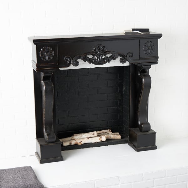 Black Wood Freestanding Scroll Decorative Fireplace Mantle with Floral ...