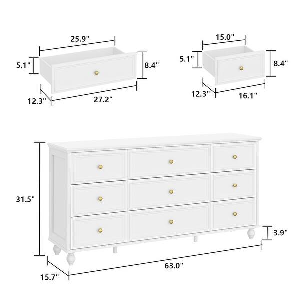 Timechee 63'' W Dresser White Chest Srorage Cabinet Lacquer Drawers ...