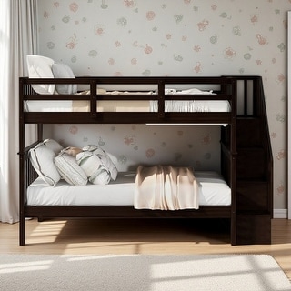 Full over Full Wooden Stairway Bunk Bed with Storage Shelves ...