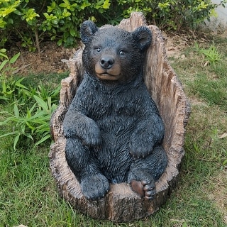 Lone Cub Haven: Intriguing Black Polyresin Bear in Stump Figurine - Bed ...