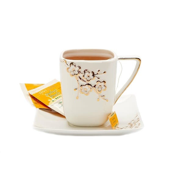 Gold Floral Artwork Design Mug with White Squared Tray - Bed Bath ...