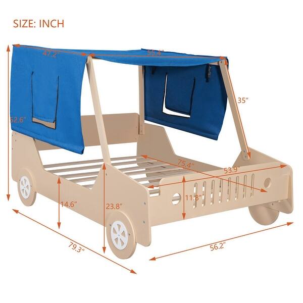 79"L Wooden Full Platform Bed Car Bed with Tents and Wheels,Natural ...