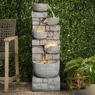 5 Tiered Bowls Outdoor Water Fountain with LED Lights for Garden Decor ...