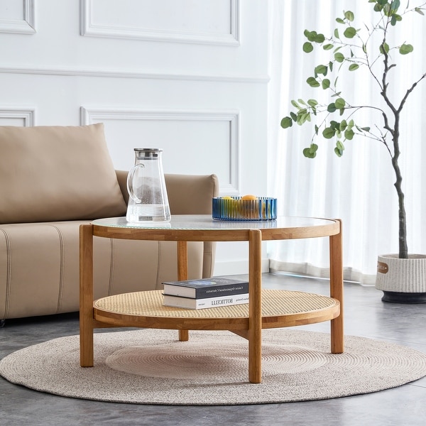 Modern Minimalist Circular Double Layer Coffee Table Natural Glass