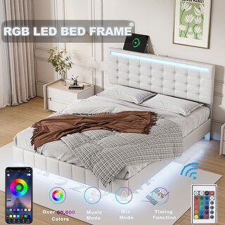 Floating Bed Frame with LED Lights and Charging Station, Modern LED Bed ...