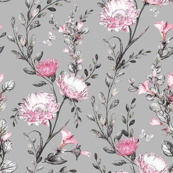 Grey Wallpaper with Pink Flowers Peel and Stick and Prepasted - Bed ...