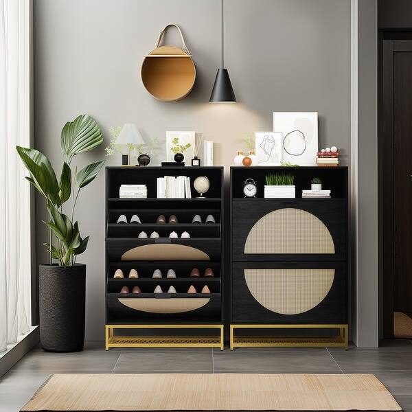 Grondin Mid-Century Modern Style 2 Pull Down Rattan Drawers Shoe Cabinet with Open Storage ...