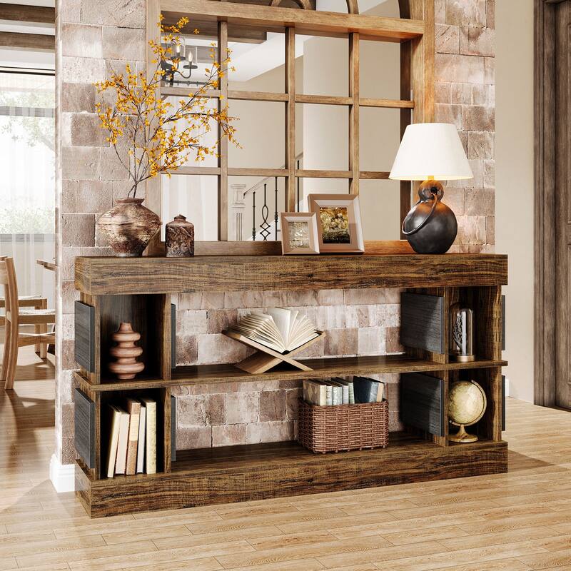 63'' Wood Farmhouse Sofa Console Table with Storage Shelves for ...