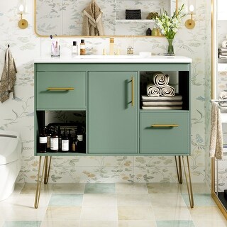 36 Inch Single Sink Freestanding Bathroom Vanity in Green with White ...