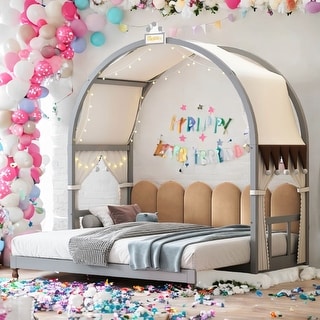 Twin Size Curved Canopy Extended Bed With and Trundle,Light Strip ...