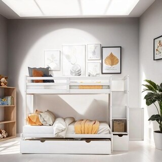 Twin over Full/Twin Bunk Bed with Storage Shelves, Convertible Bottom ...