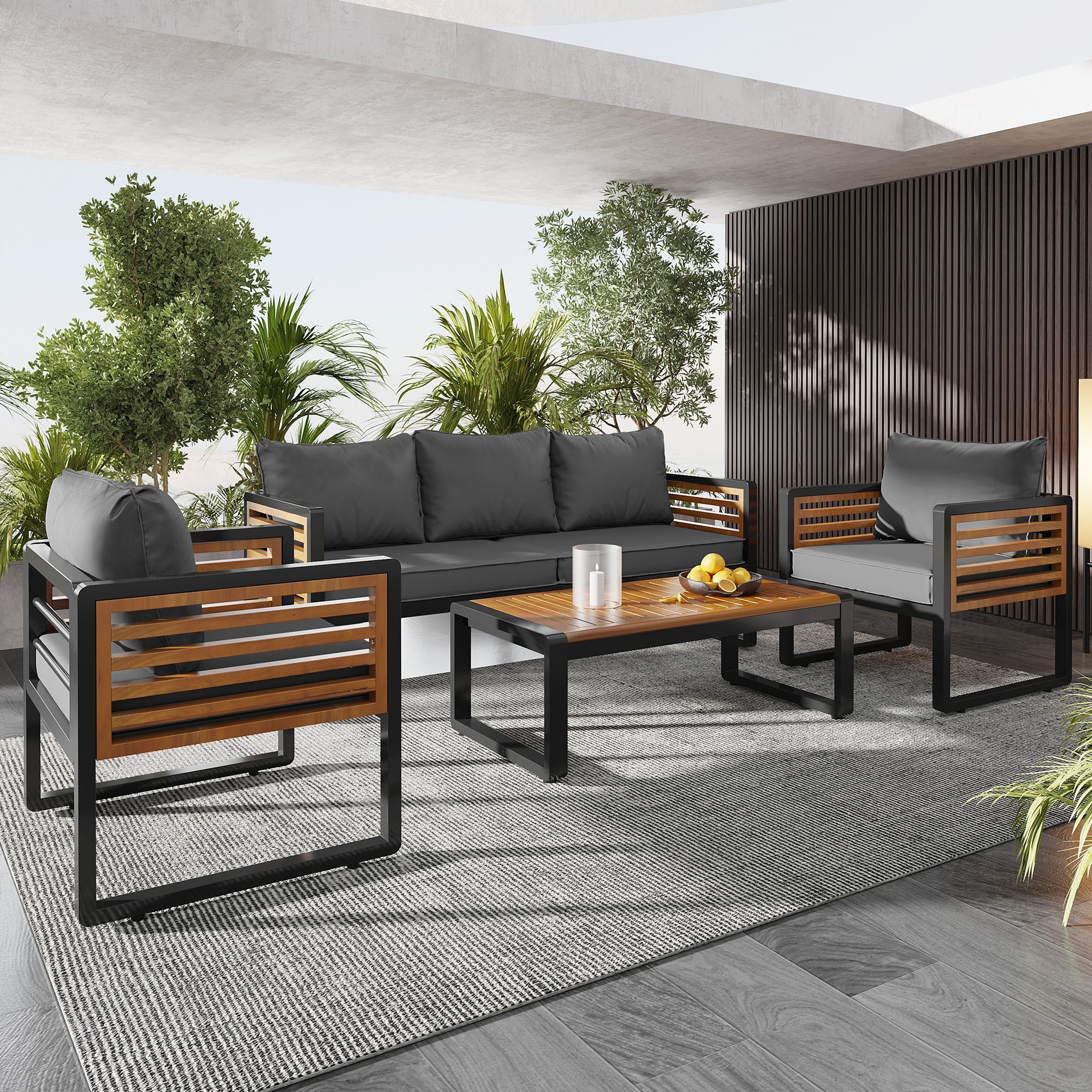4 Pieces Outdoor Furniture Sofa for 5 Person Conversation Set Garden Sofa Set with Removable Cushion Acacia Wood Tabletop