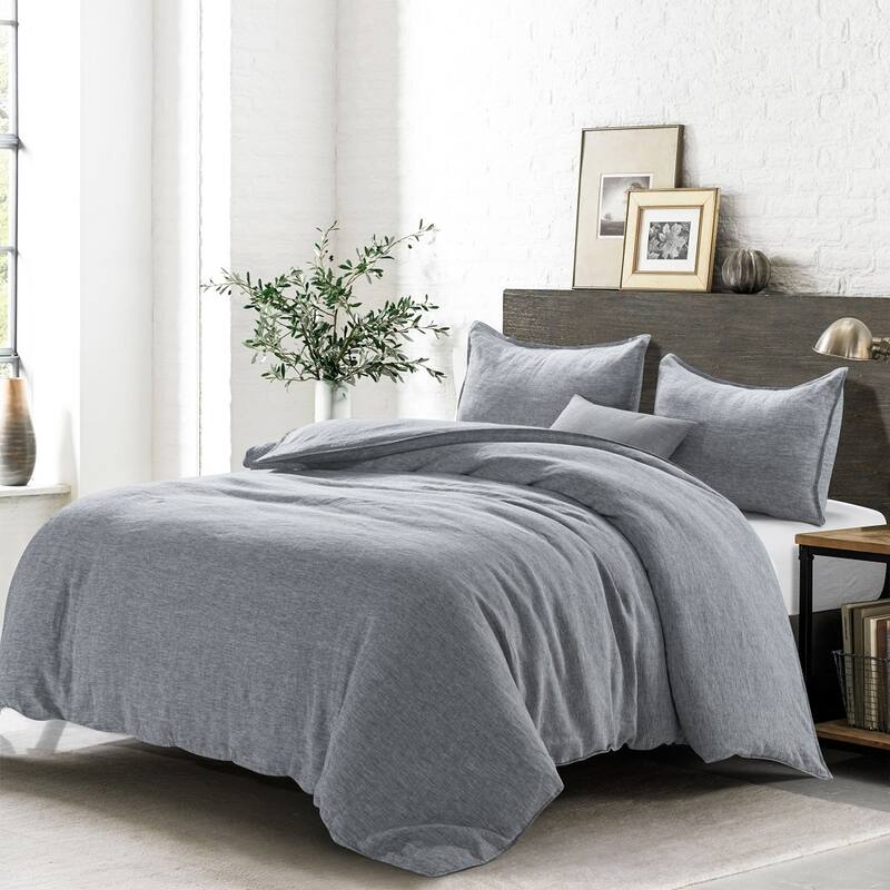 WHOLINENS 100 Percent French Linen Chambray Duvet Cover Set 3Pcs ...