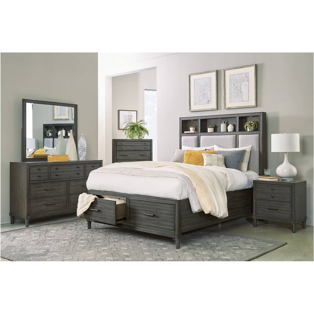 Rosaleen 3 Piece Gray Modern Upholstered Storage Bookcase Platform ...