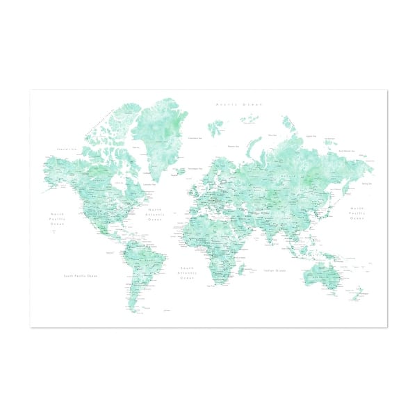 Mint Watercolor World Map with Cities Maps Pastels Art Print/Poster ...