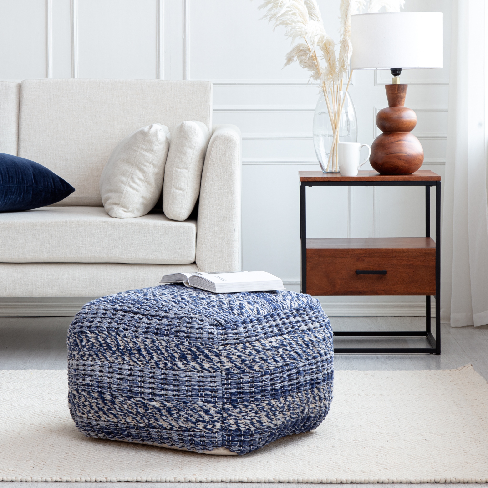 Navy blue and white pouf ottoman store