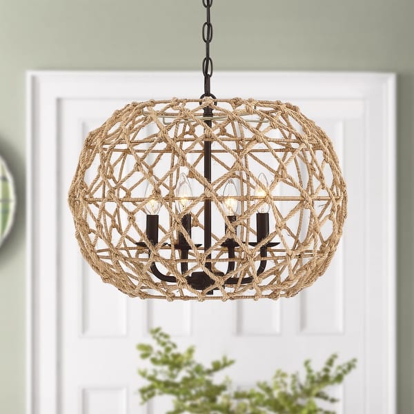 20-in 4-Light Rustic Natural Jute Rope Woven Globe Pendant Light with ...