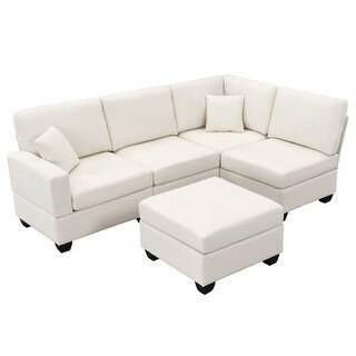 L-Shape Linen Fabric Sectional Sofa with Convertible Ottoman & 2 ...