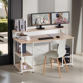 55" Home Office Computer Desk with Shelves, Elevated Monitor Shelf ...