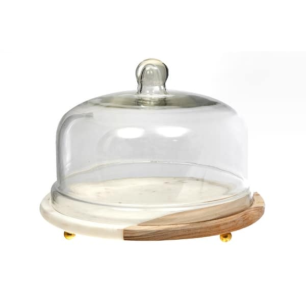 White Marble And Wood Round Cake Plate With Glass Dome - Bed Bath ...