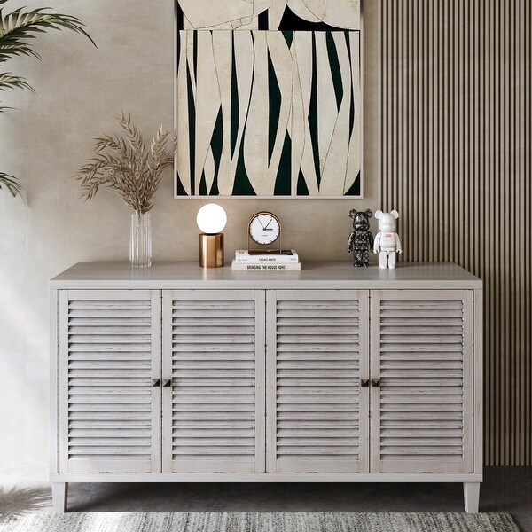 Distressed White Accent Cabinet with 4 Shutter Doors Storage for Various Rooms Bed Bath Beyond 40921451