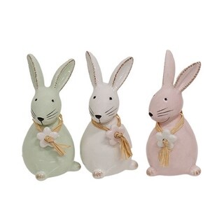 Assortment of 3 Ceramic Standing Bunny with Flower & Raffia Bow - 1.75 ...