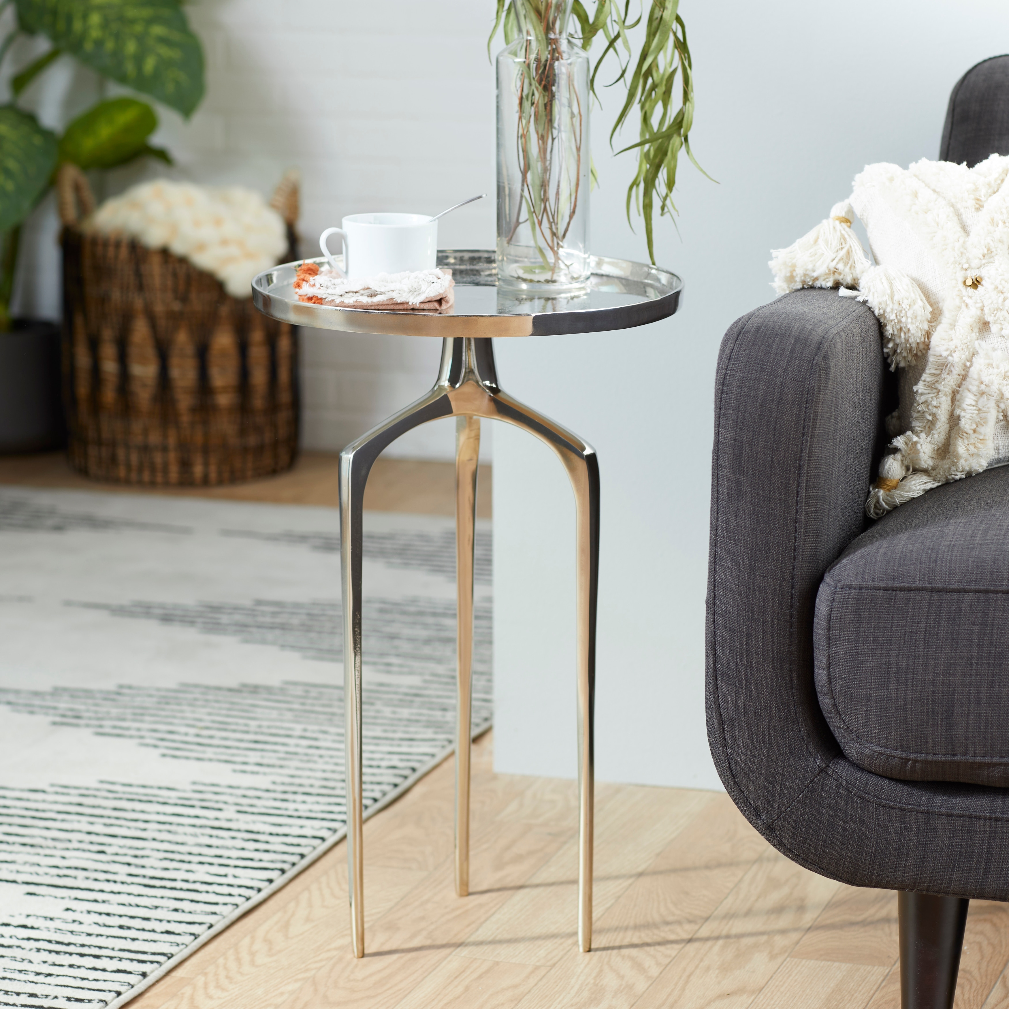 Silver Aluminum Metal Slim Tray Top Accent Table with Tripod Legs Bed Bath Beyond 38340556
