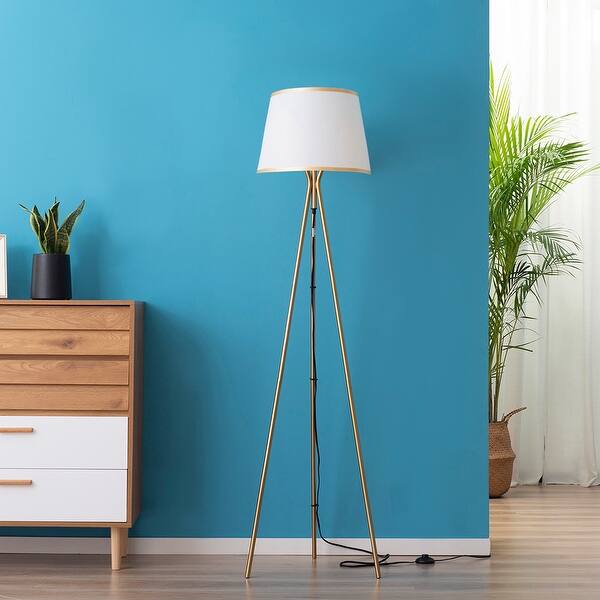 Modern Tripod Floor Lamp Land Lamp Steel Frame Fabric Lampshade Gold ...