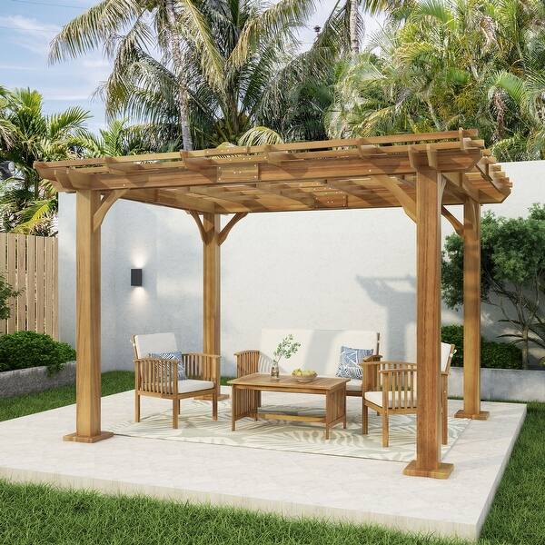Carolina Acacia Wood Outdoor 4 Seater Chat Set and 12' x 10' Pergola by ...
