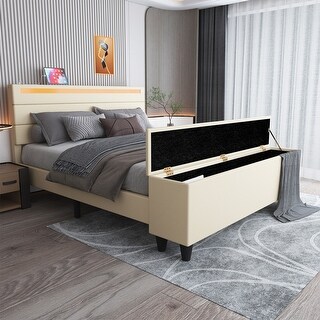 Queen Size Bed Frame with Ottoman, Upholstered Headboard with LED ...