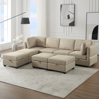 Beige Sofa Chaise Sectional Couch, Sofa Bed with Storage Seats - Bed ...