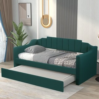 Green Contemporary Twin Upholstered Daybed: Trundle, Swooping Arms ...