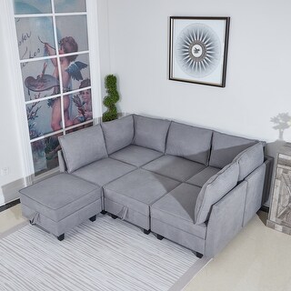 Grey 7-Piece Modular Sectional Sofa with Ottomans, Storage Seat - Bed ...