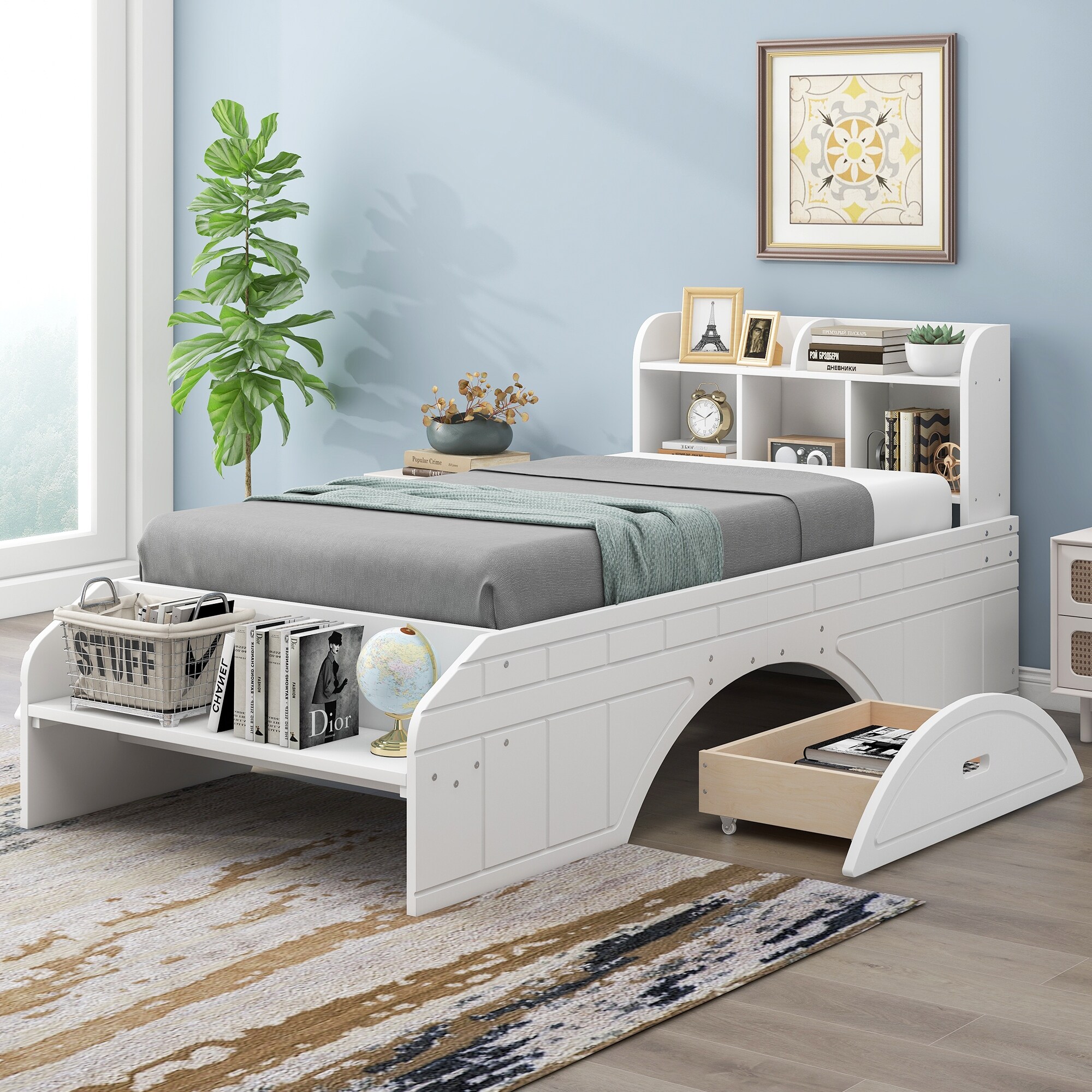 Wood Twin Platform Bed with 2 Drawers, Storage Headboard & Footboard ...