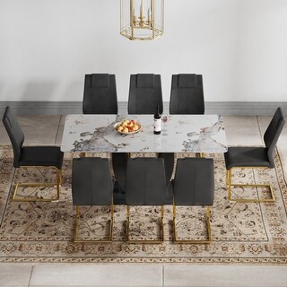 9-Piece Dining Set - Modern Patterned Table Top with Soft Chairs - Bed ...