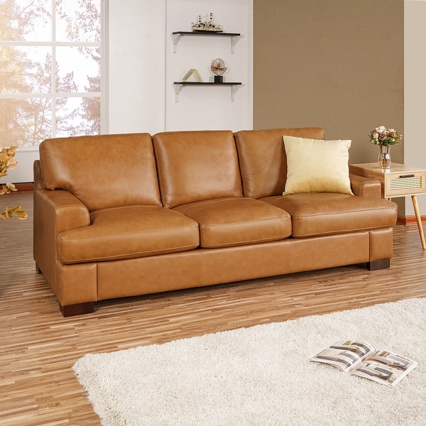 Marisa Genuine Mid-Century Leather Sofa with Wooden Base, Modern Design ...