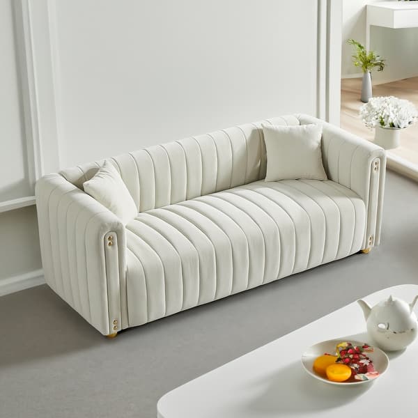 White Vertical Channel Tufted Sofa Plush Velvet Fabric Deep Seat Sofa ...