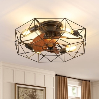 Iron Wire Polygon Ceiling Fans with Lights Remote Control for Porch ...