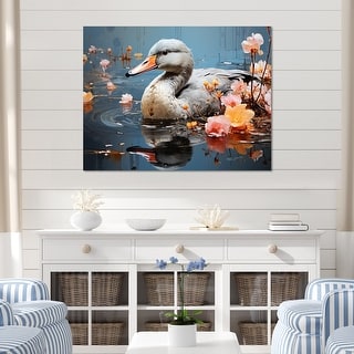 Designart "Grey Duck Floral Swims I" Duck Wall Décor Grey Modern Canvas ...