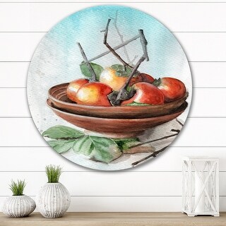 Designart 'Clay Bowl Of Yellow Persimmon' Farmhouse Metal Circle Wall ...
