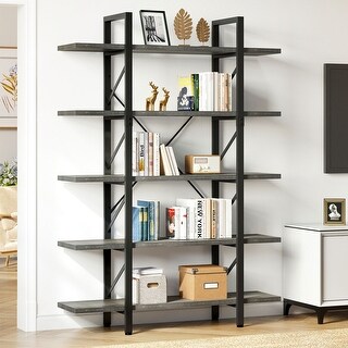 Wood 5 Tier Bookshelf Industrial Grey Bookcase Book Rack Organizer ...