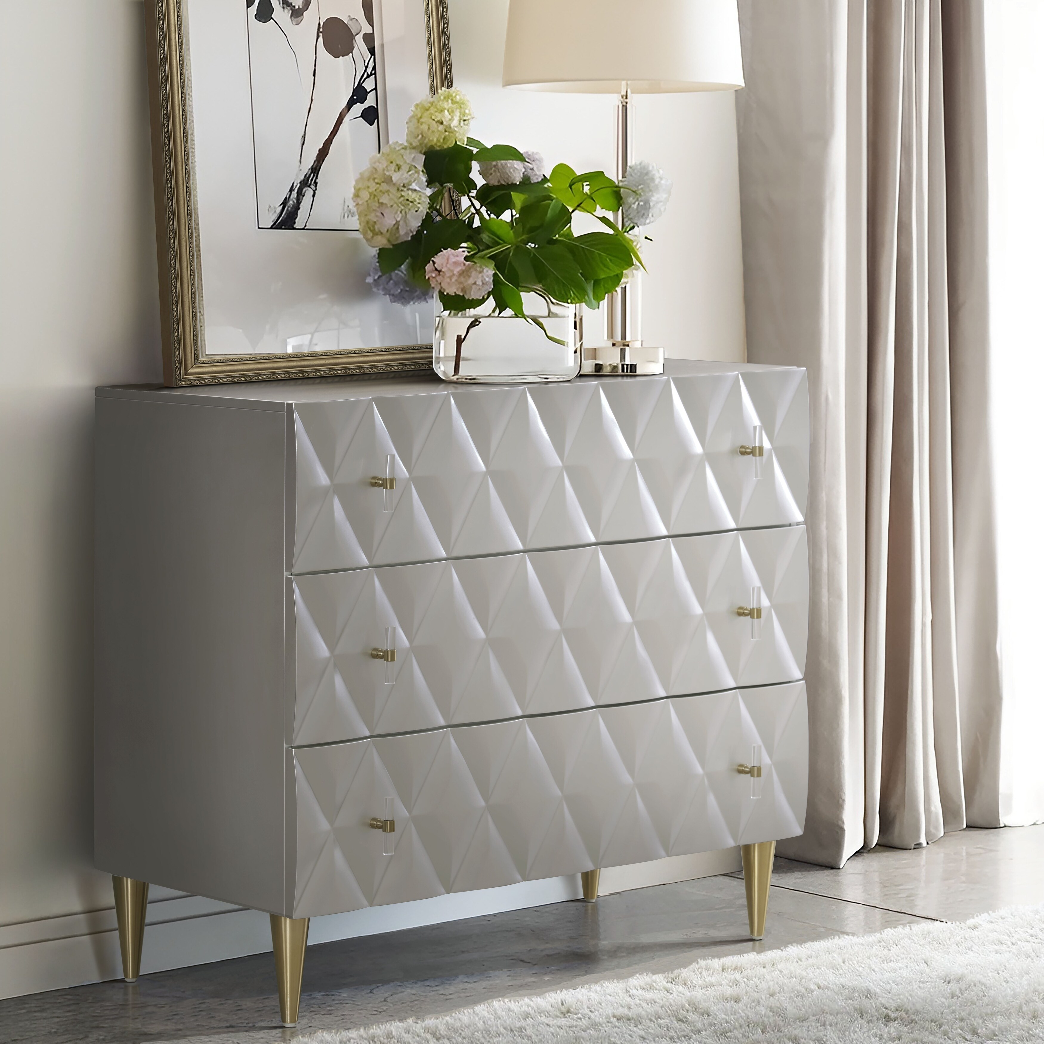 ACME Anson Console Cabinet Metallic Silver Champagne Finish