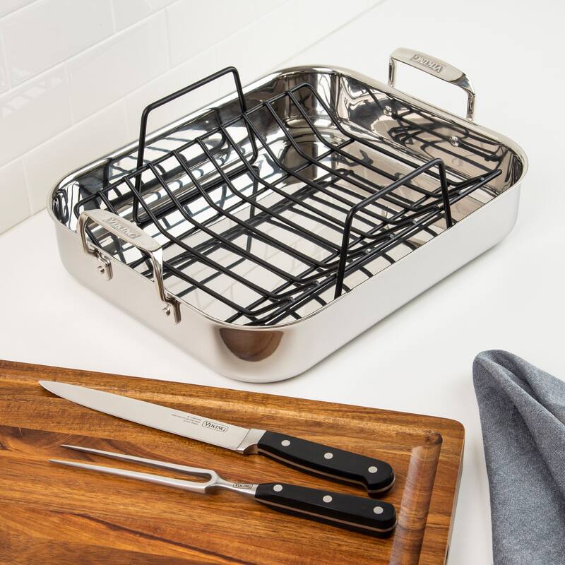 Viking 3-Ply Stainless Steel Roasting Pan with Rack and Carving Set ...