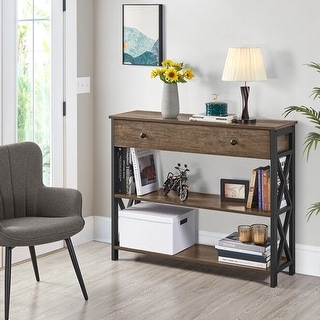 Modern Console Table Drawer 3 Tier Storage Taupe Wood - 54 x 84 - Bed ...